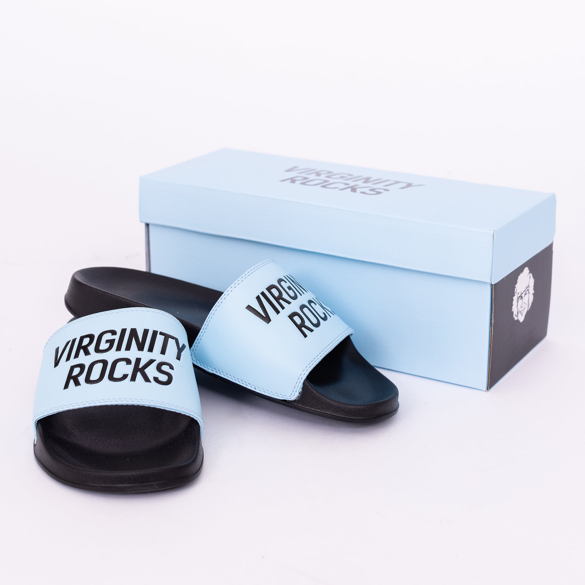 Virginity Rocks Black/Light Blue Slides – Danny Duncan